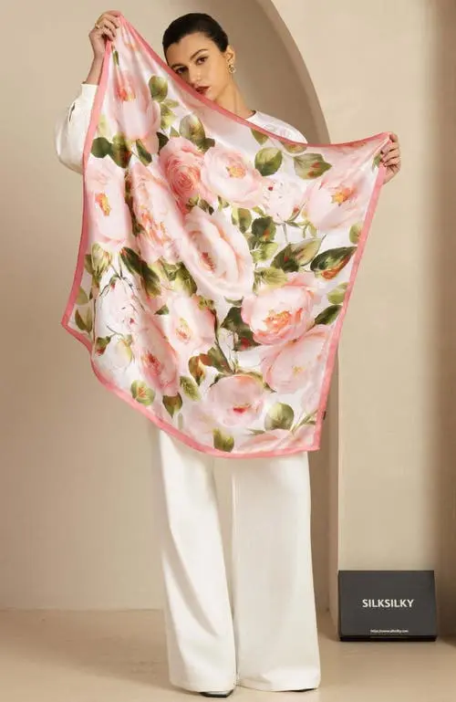 SILKSILKY Pure Silk Pink Floral Print Square Scarf - Multi