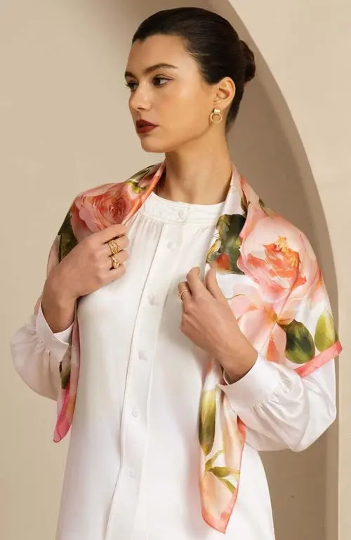SILKSILKY Pure Silk Pink Floral Print Square Scarf - Multi