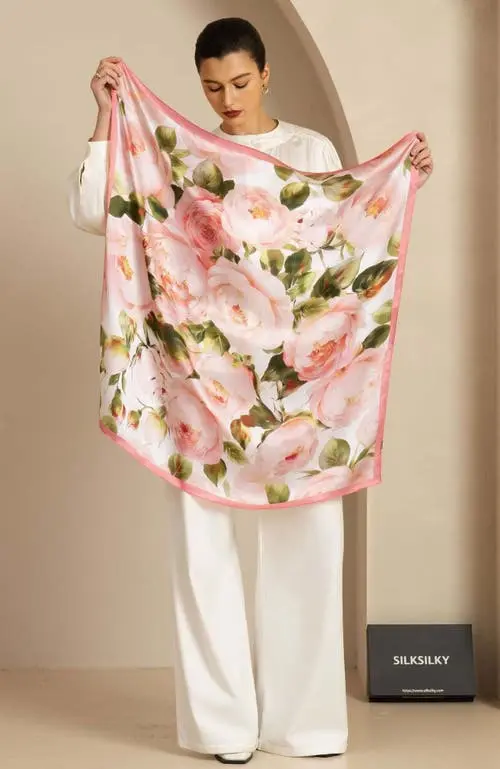 SILKSILKY Pure Silk Pink Floral Print Square Scarf - Multi