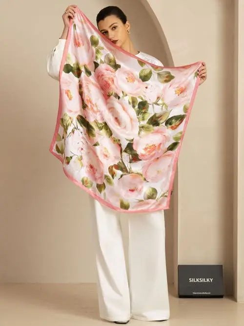SILKSILKY Pure Silk Pink Floral Print Square Scarf - Multi