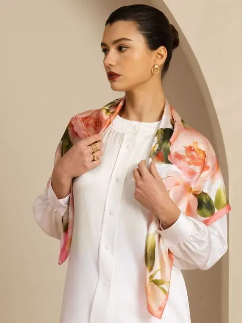 SILKSILKY Pure Silk Pink Floral Print Square Scarf - Multi