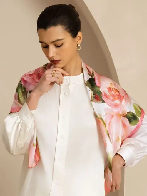 SILKSILKY Pure Silk Pink Floral Print Square Scarf - Multi