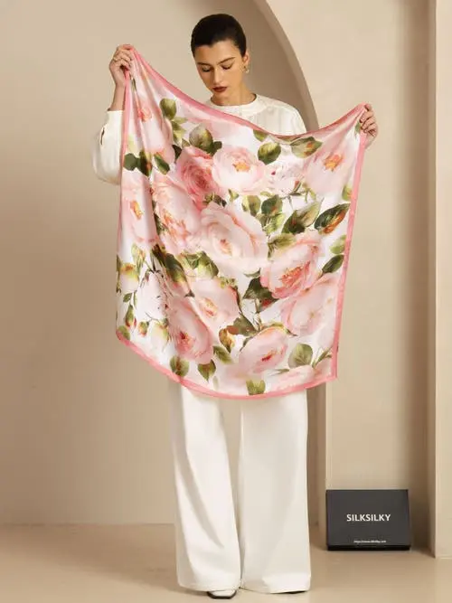 SILKSILKY Pure Silk Pink Floral Print Square Scarf - Multi