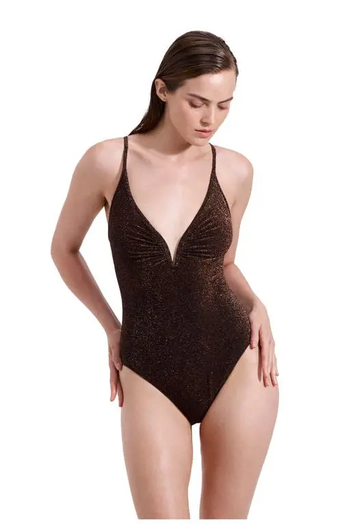 LUMA GOTTEX Luna Textured Shimmer Deep Plunge V-wire One Piece - Brown