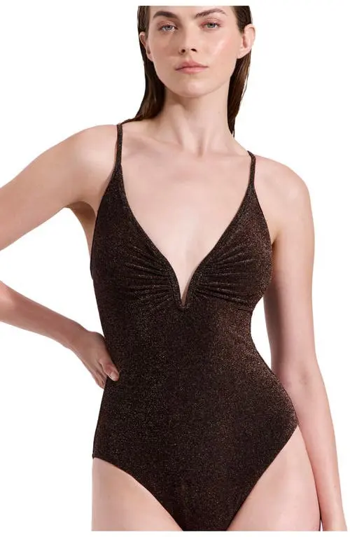 LUMA GOTTEX Luna Textured Shimmer Deep Plunge V-wire One Piece - Brown