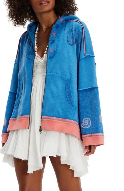 Free People Seashell Hooded Zip Jacket - Blue Combo