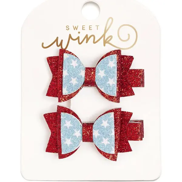 SWEET WINK Glitter Flag Bow Clip Set - Red