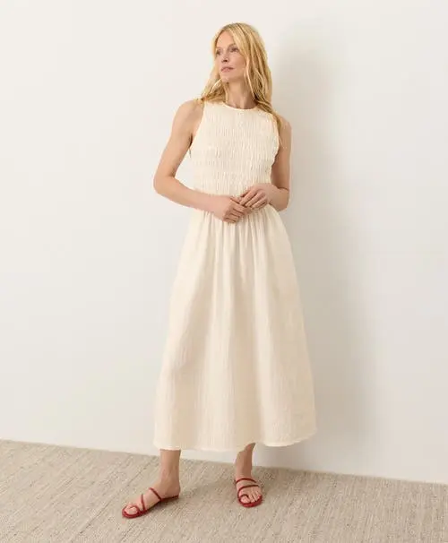 PACT Organic Cotton Double Gauze Smocked Dress - Cream