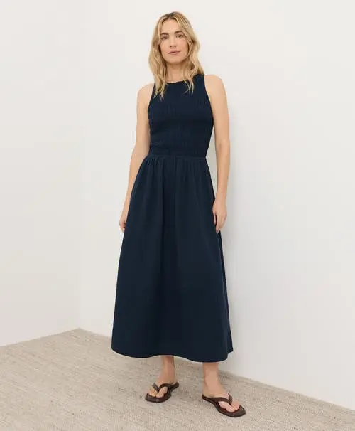 PACT Organic Cotton Double Gauze Smocked Dress - Navy Blue