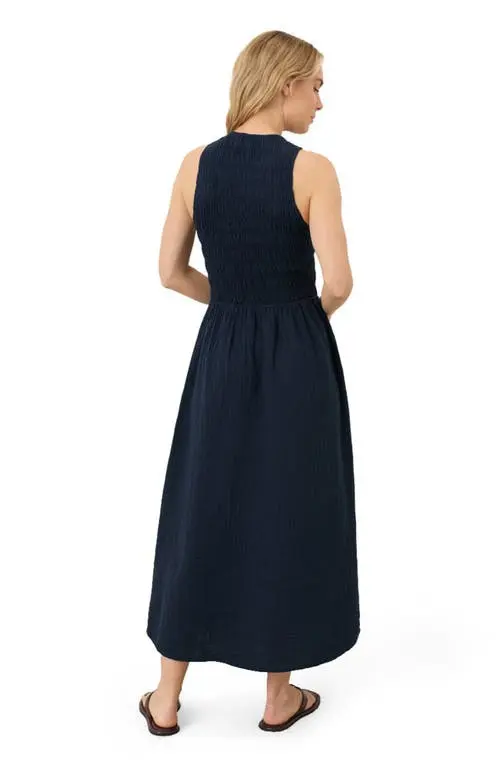 PACT Organic Cotton Double Gauze Smocked Dress - Navy Blue