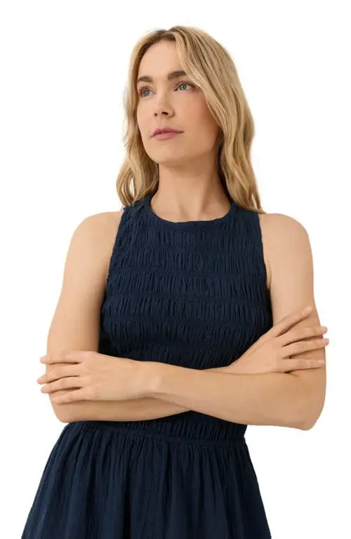 PACT Organic Cotton Double Gauze Smocked Dress - Navy Blue