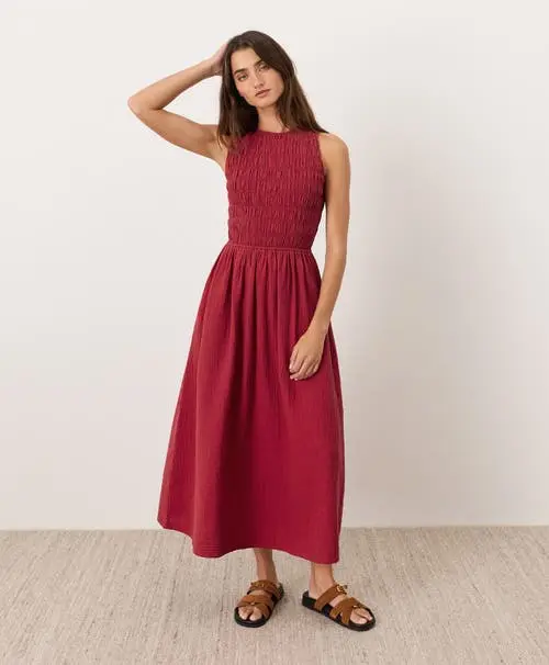 PACT Organic Cotton Coastal Double Gauze Smocked Dress - Poppy Red