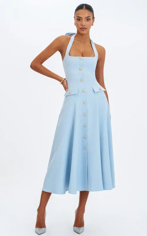 MISS CIRCLE Gillian Halter A-line Midi Dress - Mist Blue
