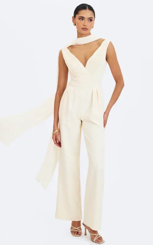 MISS CIRCLE Harper Ruched V-neck Jumpsuit With Scarf - Ivory
