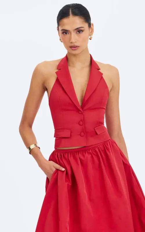 MISS CIRCLE Ursella Halter Single-breasted Lapel Top - Crimson