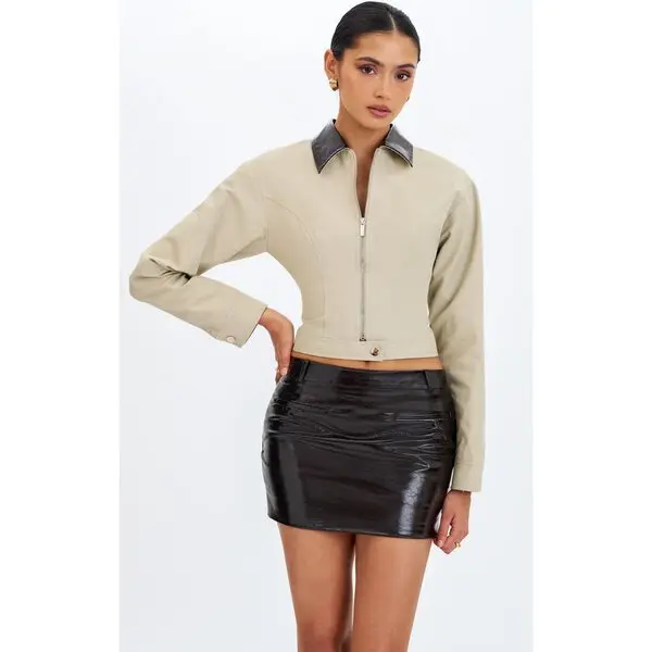 MISS CIRCLE Vinette Cotton Gabardine Cropped Front Zip Jacket - Beige