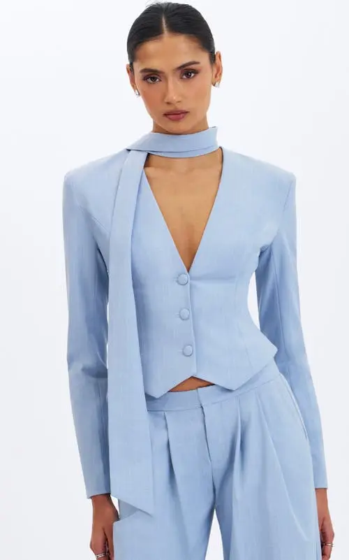 MISS CIRCLE Renley Pinstripe Peplum Blazer - Sky Blue