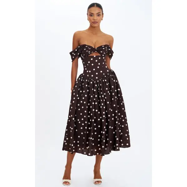 MISS CIRCLE Xandie Polka Dot Off-shoulder Midi Dress - Mocha