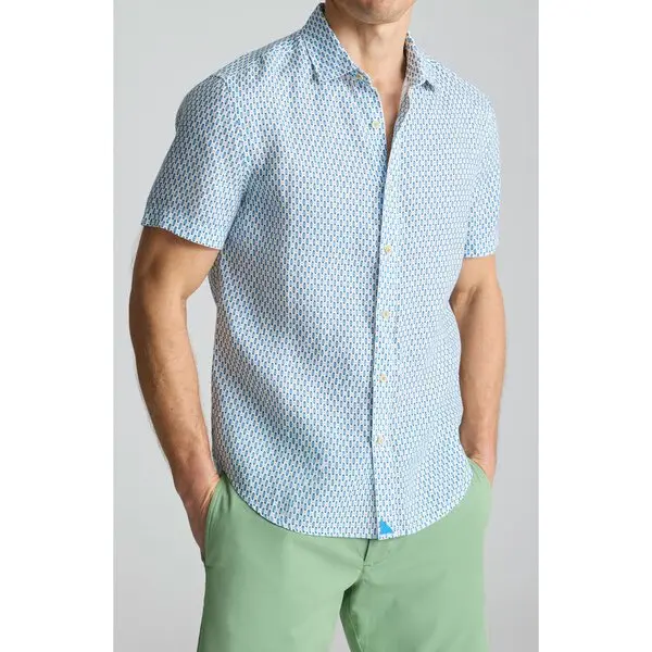 UNTUCKIT Redcroft Microprint Short Sleeve Linen Button-up Shirt - Blue