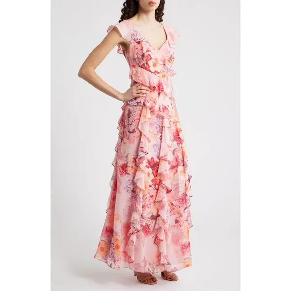 Eliza J Flutter Chiffon Maxi Dress