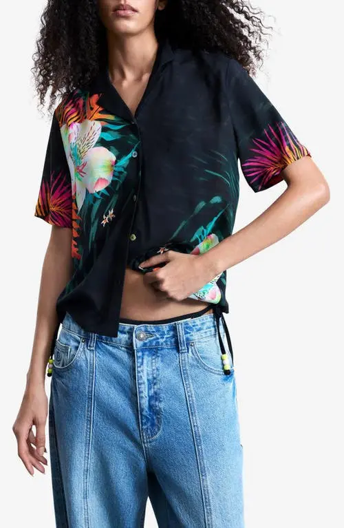 Desigual Tropical Floral Print Woven Shirt - Black