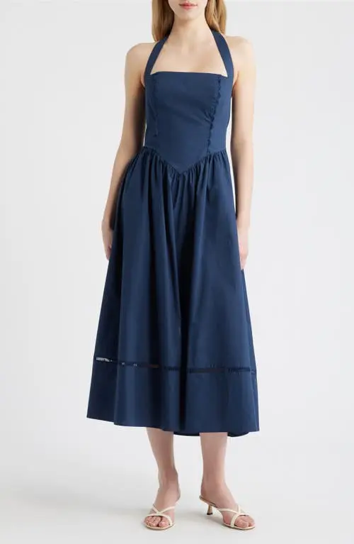 Moon River Ladder Stitch Halter Neck Cotton Dress - Navy