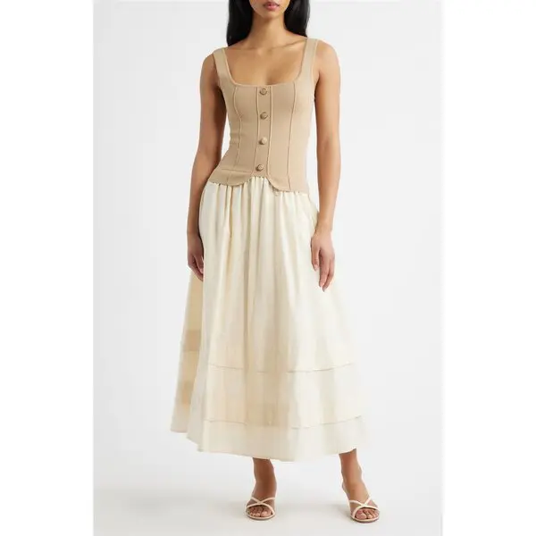 Moon River Mixed Media Midi Dress - Khaki