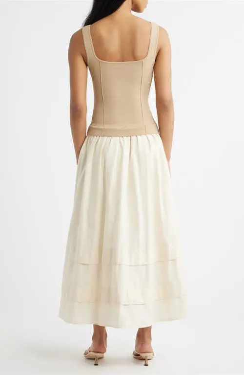 Moon River Mixed Media Midi Dress - Khaki