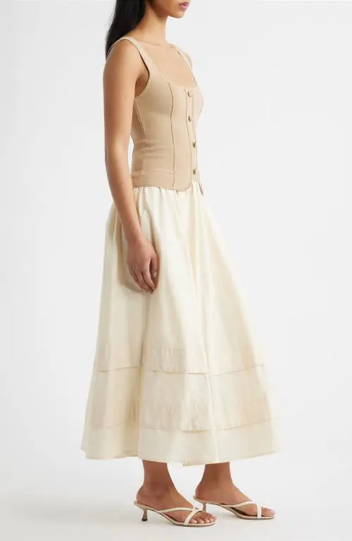 Moon River Mixed Media Midi Dress - Khaki