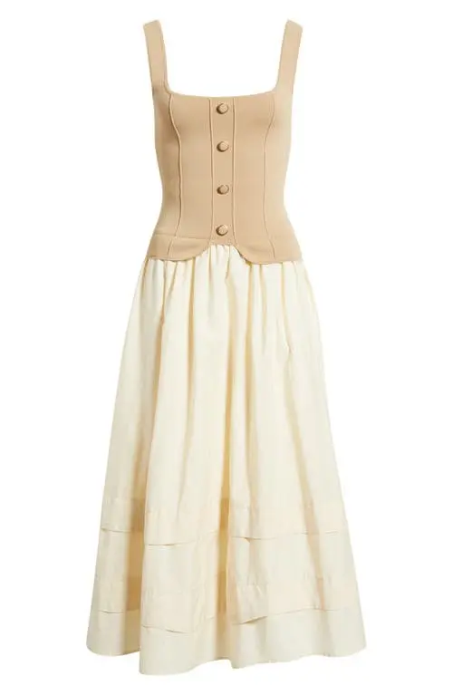 Moon River Mixed Media Midi Dress - Khaki