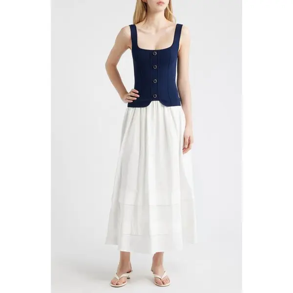 Moon River Mixed Media Midi Dress - Navy
