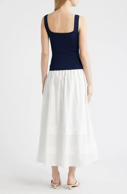 Moon River Mixed Media Midi Dress - Navy