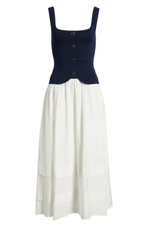 Moon River Mixed Media Midi Dress - Navy