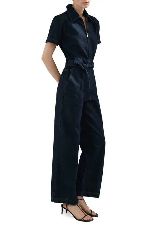 Mango Belted Denim Jumpsuit - Open Blue