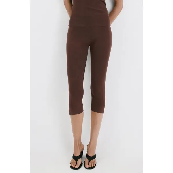 Mango Slit Hem Cropped Leggings - Chocolate