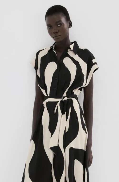 Mango Abstract Print Belted Shirt Dress - Black