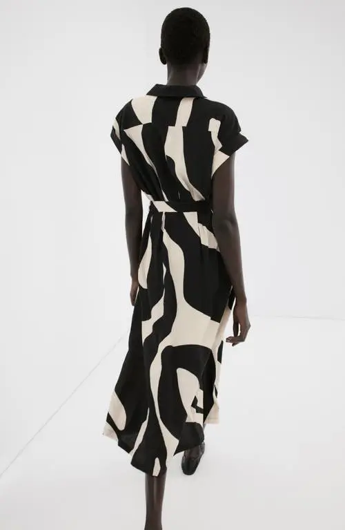 Mango Abstract Print Belted Shirt Dress - Black