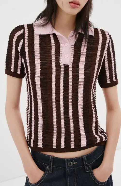 Mango Striped Short Sleeve Polo Sweater - Chocolate