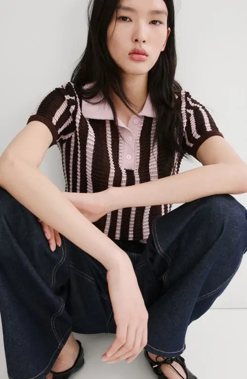 Mango Striped Short Sleeve Polo Sweater - Chocolate