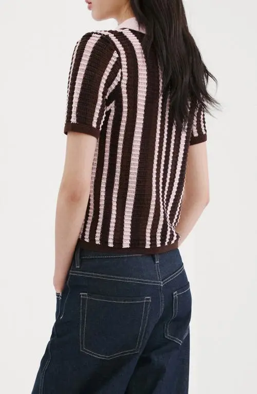 Mango Striped Short Sleeve Polo Sweater - Chocolate