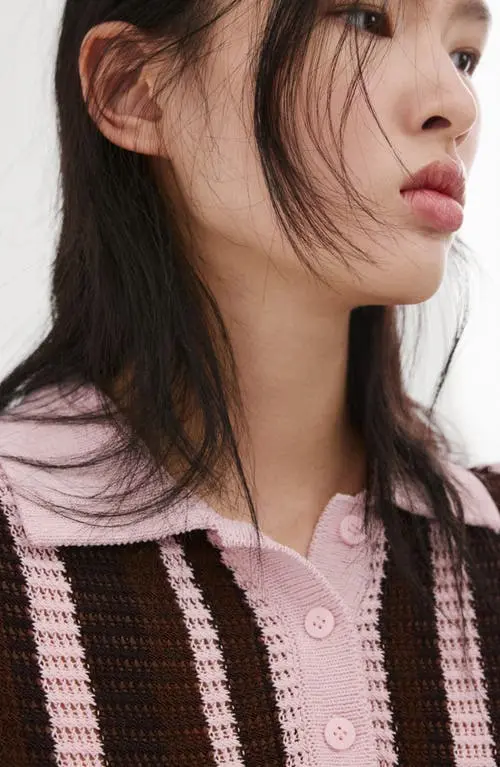 Mango Striped Short Sleeve Polo Sweater - Chocolate