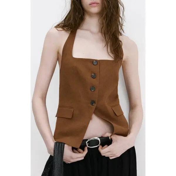 Mango Linen Suit Waistcoat - Brown