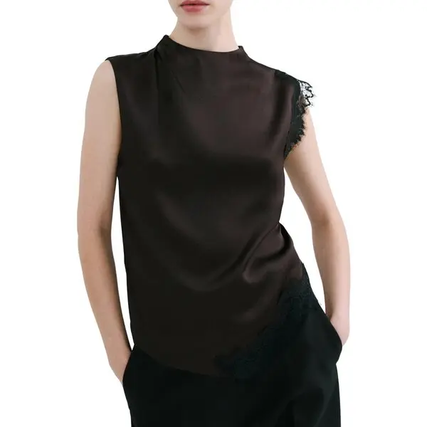 Mango Lace Trim Asymmetric Satin Top