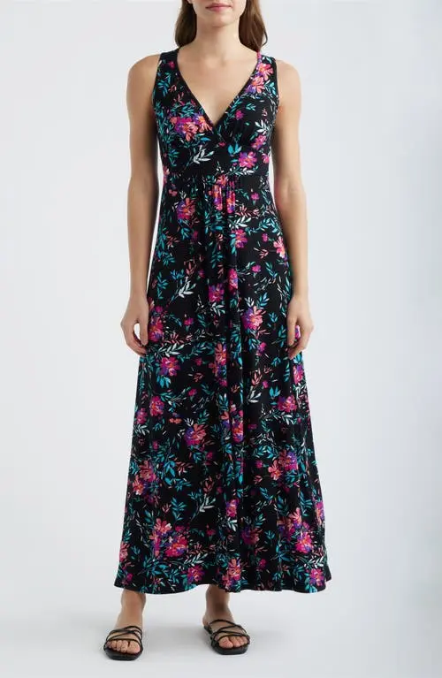 Loveappella Floral Sleeveless Jersey Maxi Dress - Black/fuchsia
