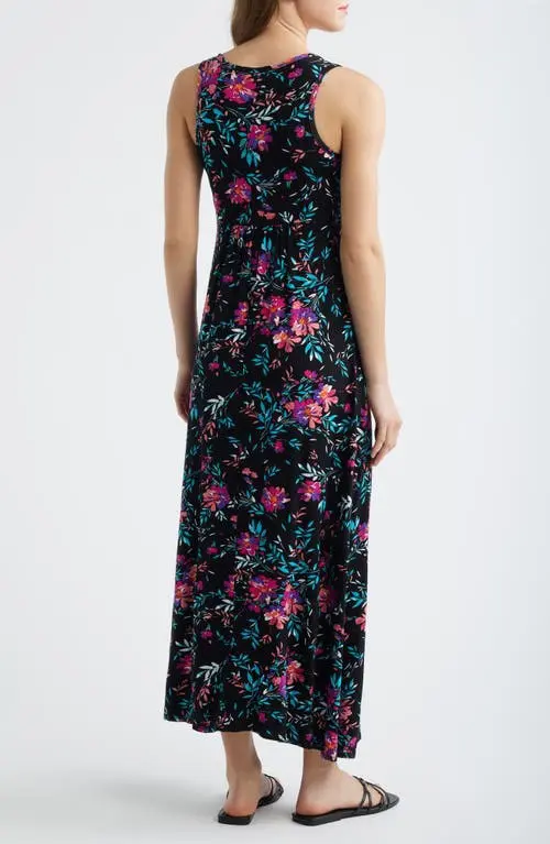 Loveappella Floral Sleeveless Jersey Maxi Dress - Black/fuchsia