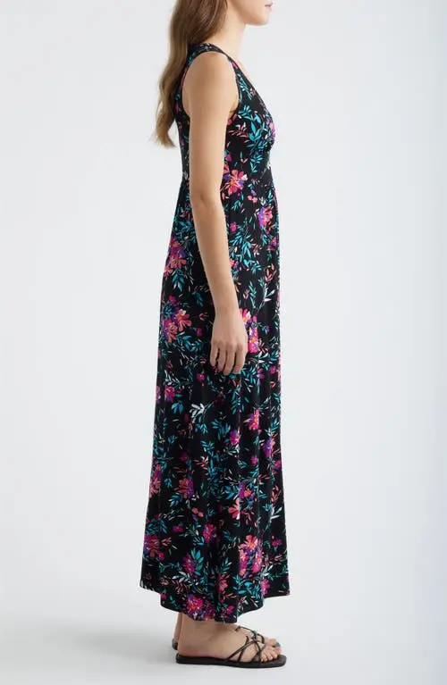 Loveappella Floral Sleeveless Jersey Maxi Dress - Black/fuchsia