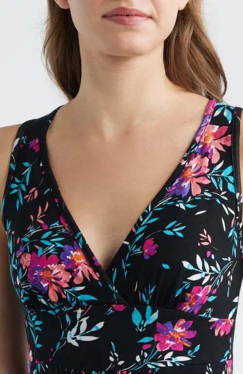 Loveappella Floral Sleeveless Jersey Maxi Dress - Black/fuchsia