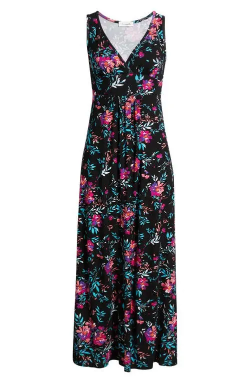 Loveappella Floral Sleeveless Jersey Maxi Dress - Black/fuchsia
