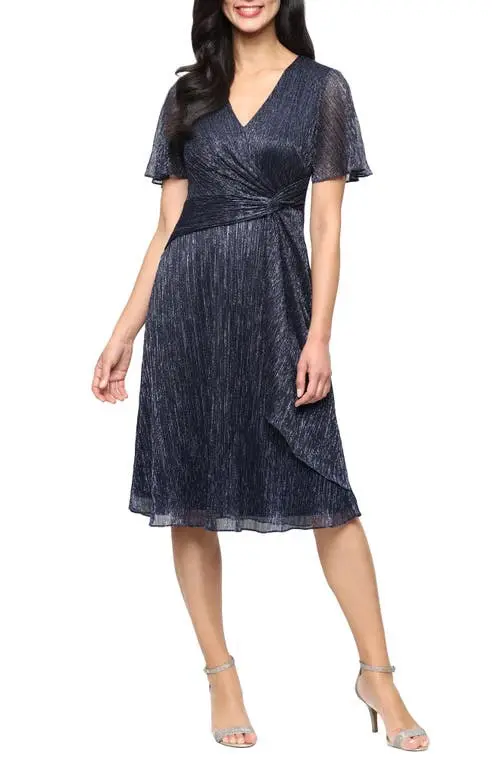 SL FASHIONS Knot Front Metallic Cocktail Dress - Navy