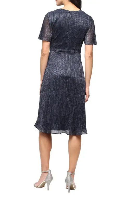 SL FASHIONS Knot Front Metallic Cocktail Dress - Navy